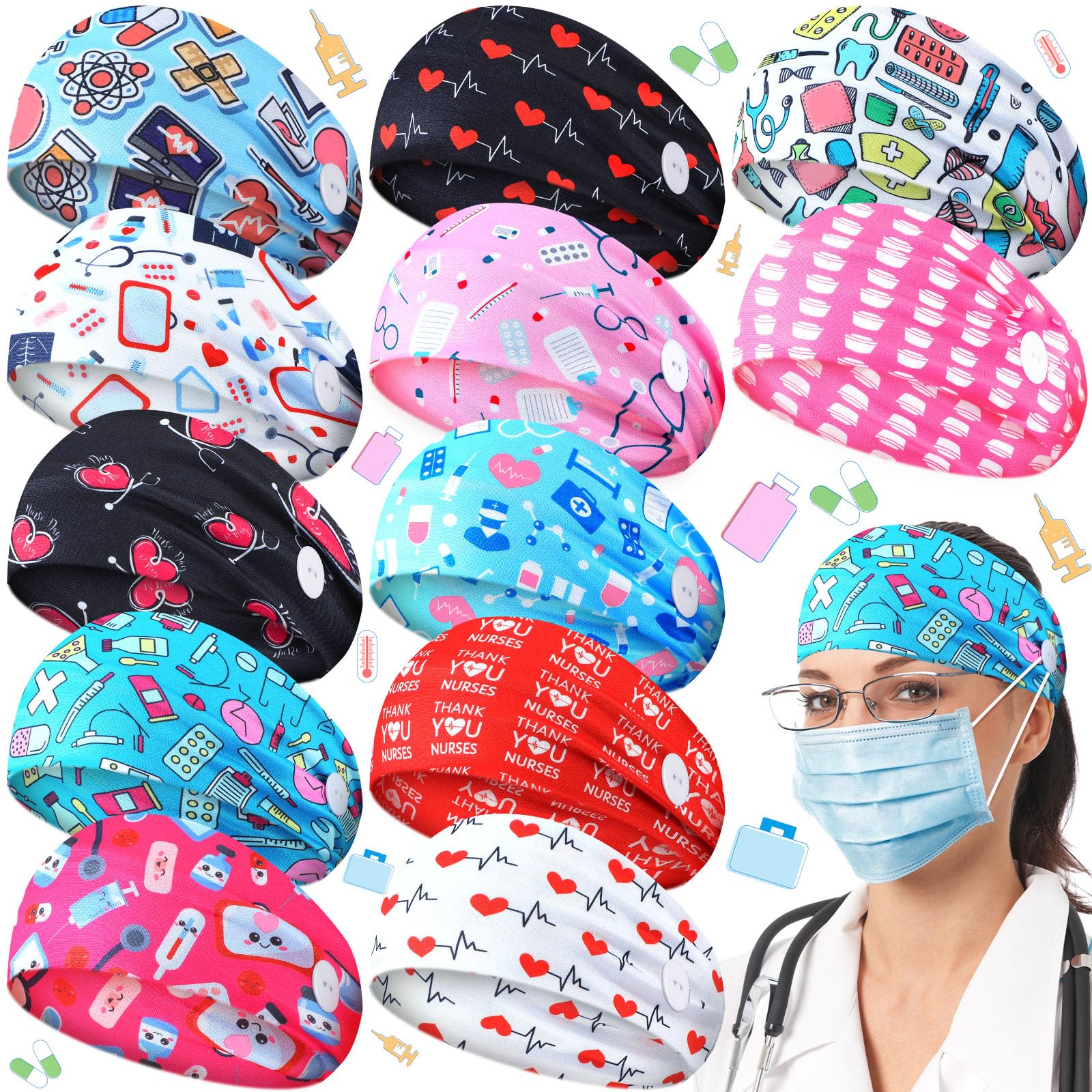 Jexine 12 Pcs Nurse Headbands for Women Non Slip Nursing Headbands with Buttons for Mask Nurse Accessories for Work Elastic Ear Protection Headband Hair Bands for Nurse Gift Spa Yoga Sports(Stylish)