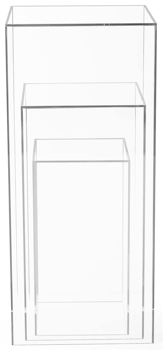 Displays2go Set of 3 Pedestals for Floor, Square Tops, 3 Sizes, Fillable, Acrylic - Clear (SMCLRPED3)