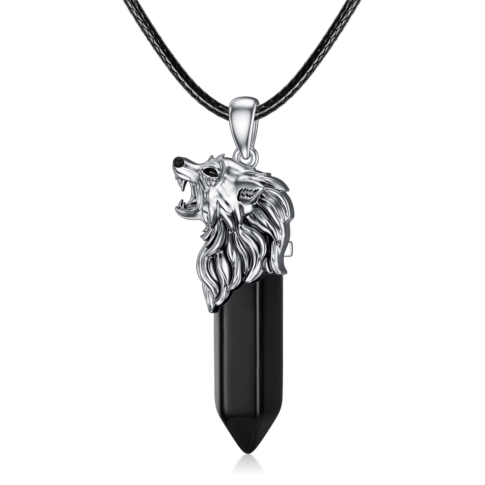 LEECCI Wolf Necklace 925 Sterling Silver Black Crystal Pendant Gothic Wolf Jewelry for Men Women Christmas Birthday Valentine's Day Gift