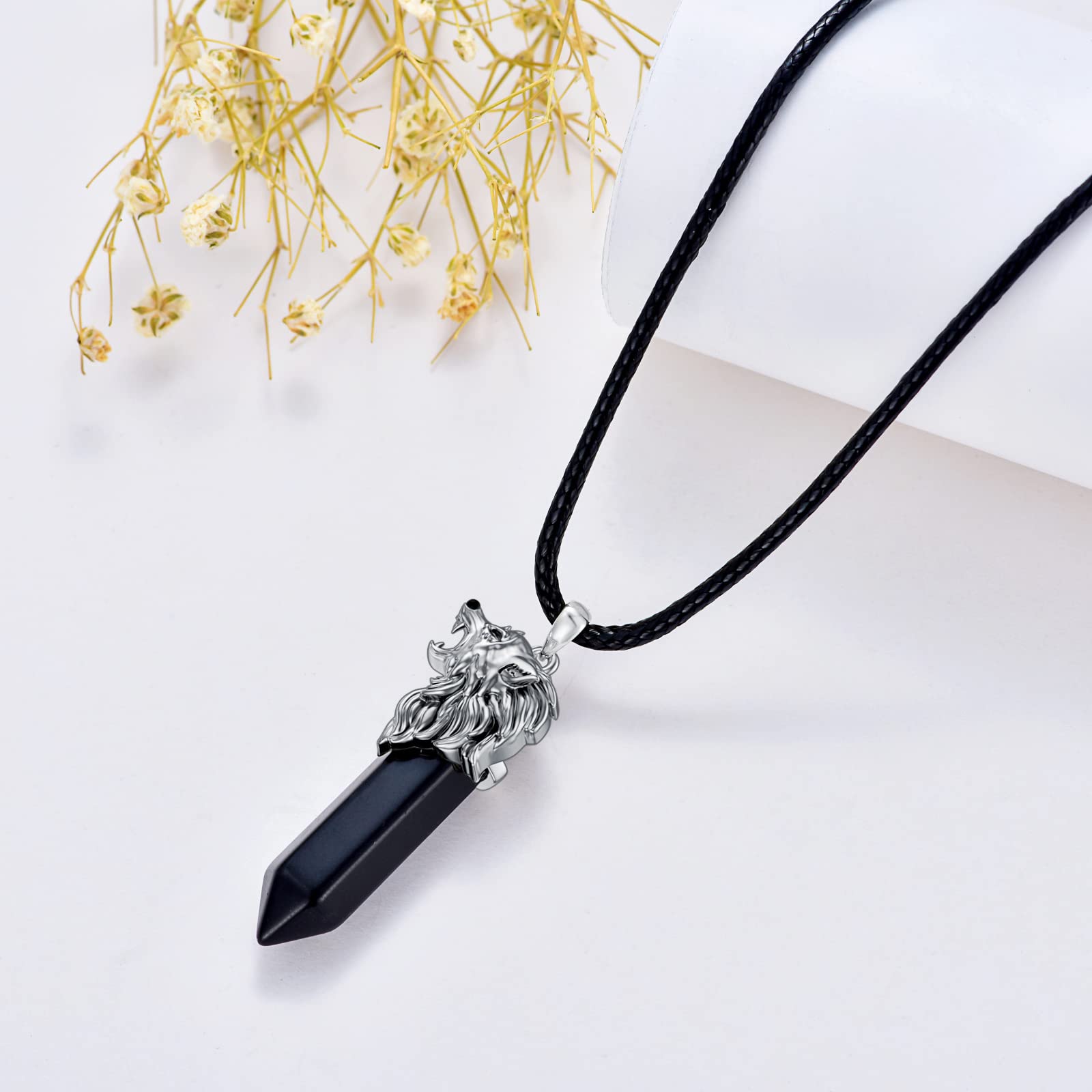 LEECCI Wolf Necklace 925 Sterling Silver Black Crystal Pendant Gothic Wolf Jewelry for Men Women Christmas Birthday Valentine's Day Gift