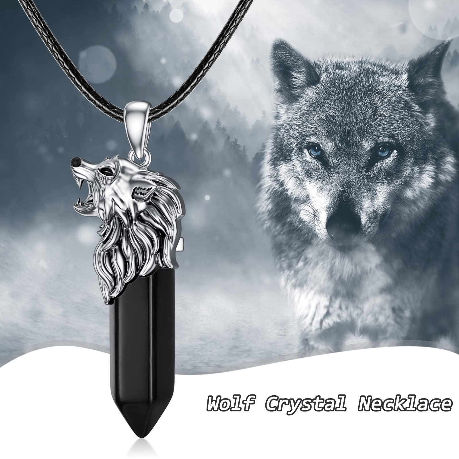 LEECCI Wolf Necklace 925 Sterling Silver Black Crystal Pendant Gothic Wolf Jewelry for Men Women Christmas Birthday Valentine's Day Gift