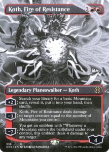 magic: the gathering - koth, fire of resistance (338) - borderless - foil - phyrexia: all will be one