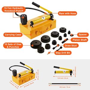 VEVOR 15 Ton Hydraulic Knockout Punch Kit, 1/2" to 4" Conduit Hole Cutter Set, KO Tool Kits W/Puncher 10 Piece, Metal Sheet Driver Tools, for Aluminum, Brass, Stainless Steel, Fiberglass and Plastic