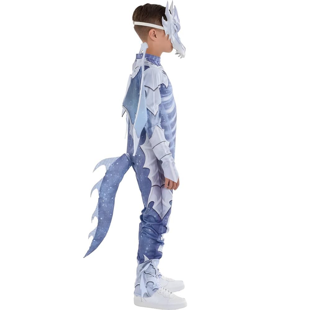 Purple and White Ghostly Dragon Jumpsuit Costume Set -X-Large (14-16) - Includes Mask & Wings, Ideal for Halloween and Costume Parties