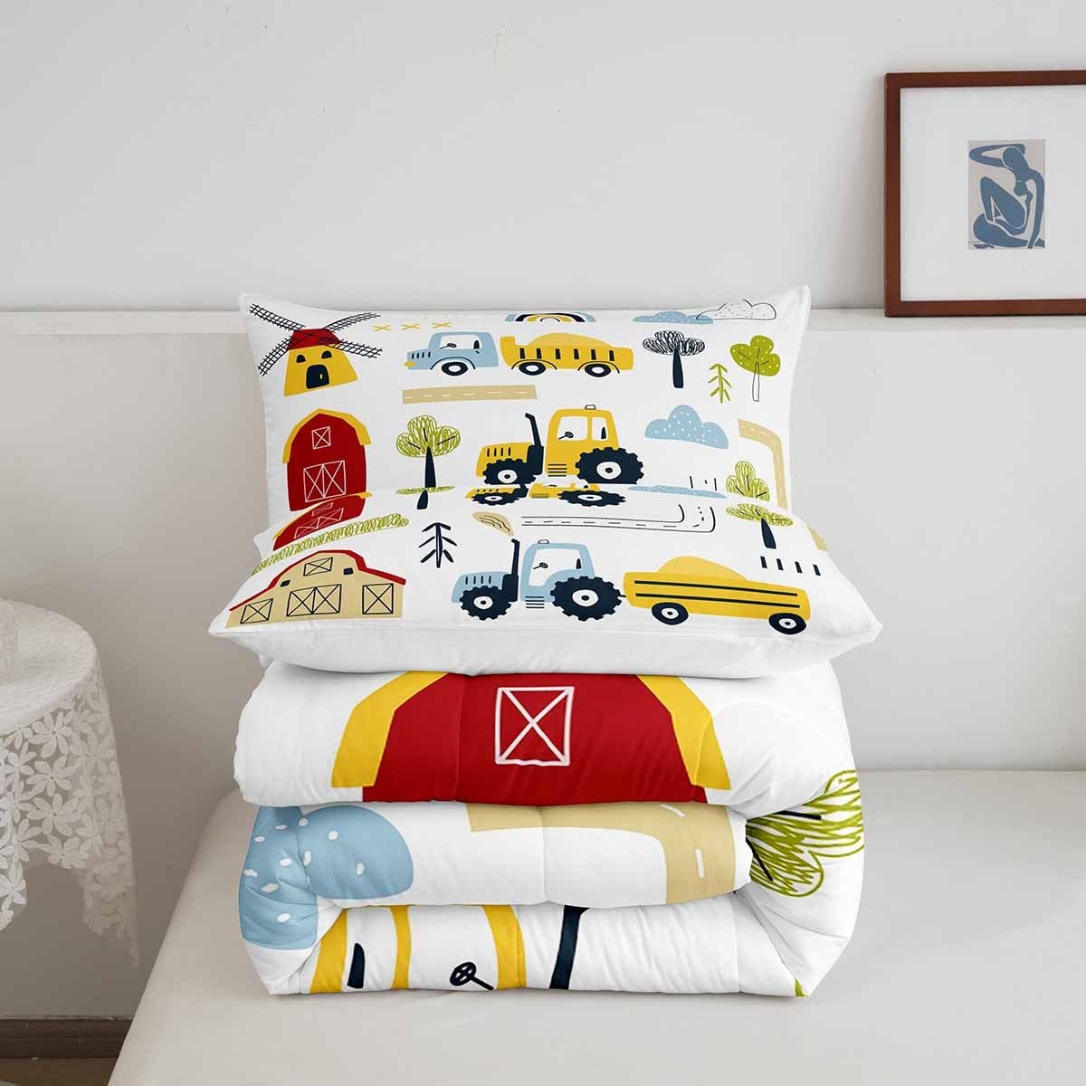 Tractor Comforter Set Cartoon Farm Tractor Down Duvet for Kids Boys Girls Truck Car Bedding Set Harvester Farmhouse Carton Comforter 1 Comforter Set with 2 Pillowcases Full Size