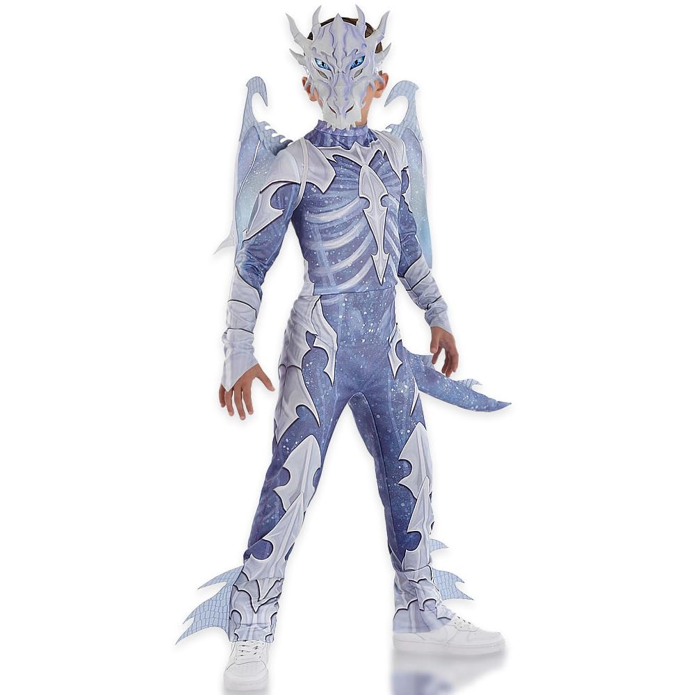 Purple and White Ghostly Dragon Jumpsuit Costume Set -X-Large (14-16) - Includes Mask & Wings, Ideal for Halloween and Costume Parties