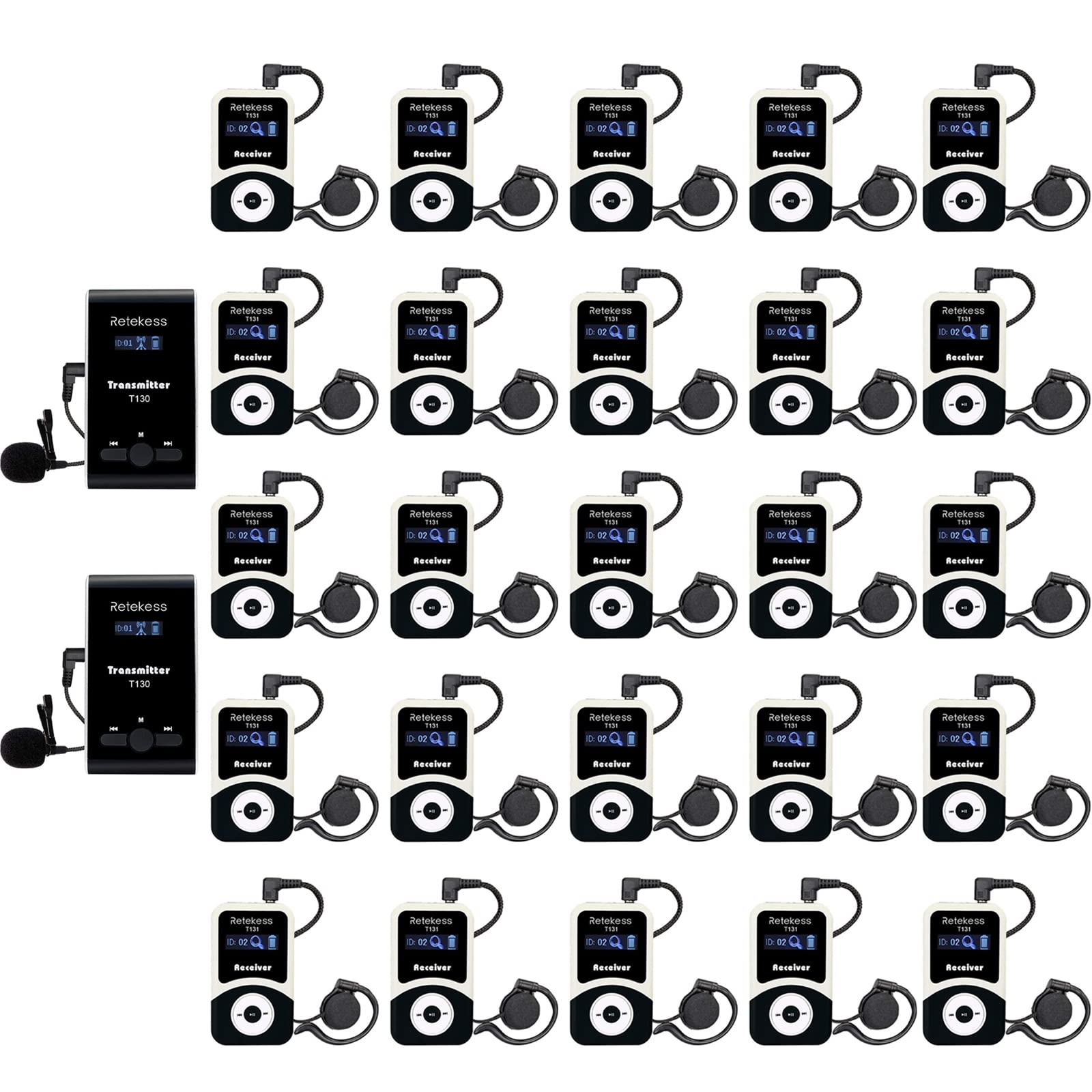 Retekess T130 Church Translation System, Wireless Tour Guide System, 99 Channels, for Teaching, Factory, Social Distancing(2 Transmitter 25 Receivers)