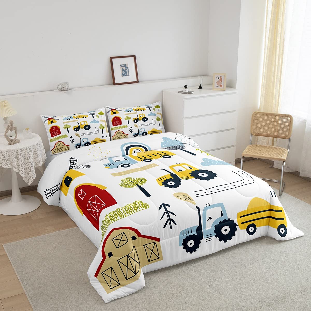 Tractor Comforter Set Cartoon Farm Tractor Down Duvet for Kids Boys Girls Truck Car Bedding Set Harvester Farmhouse Carton Comforter 1 Comforter Set with 2 Pillowcases Full Size