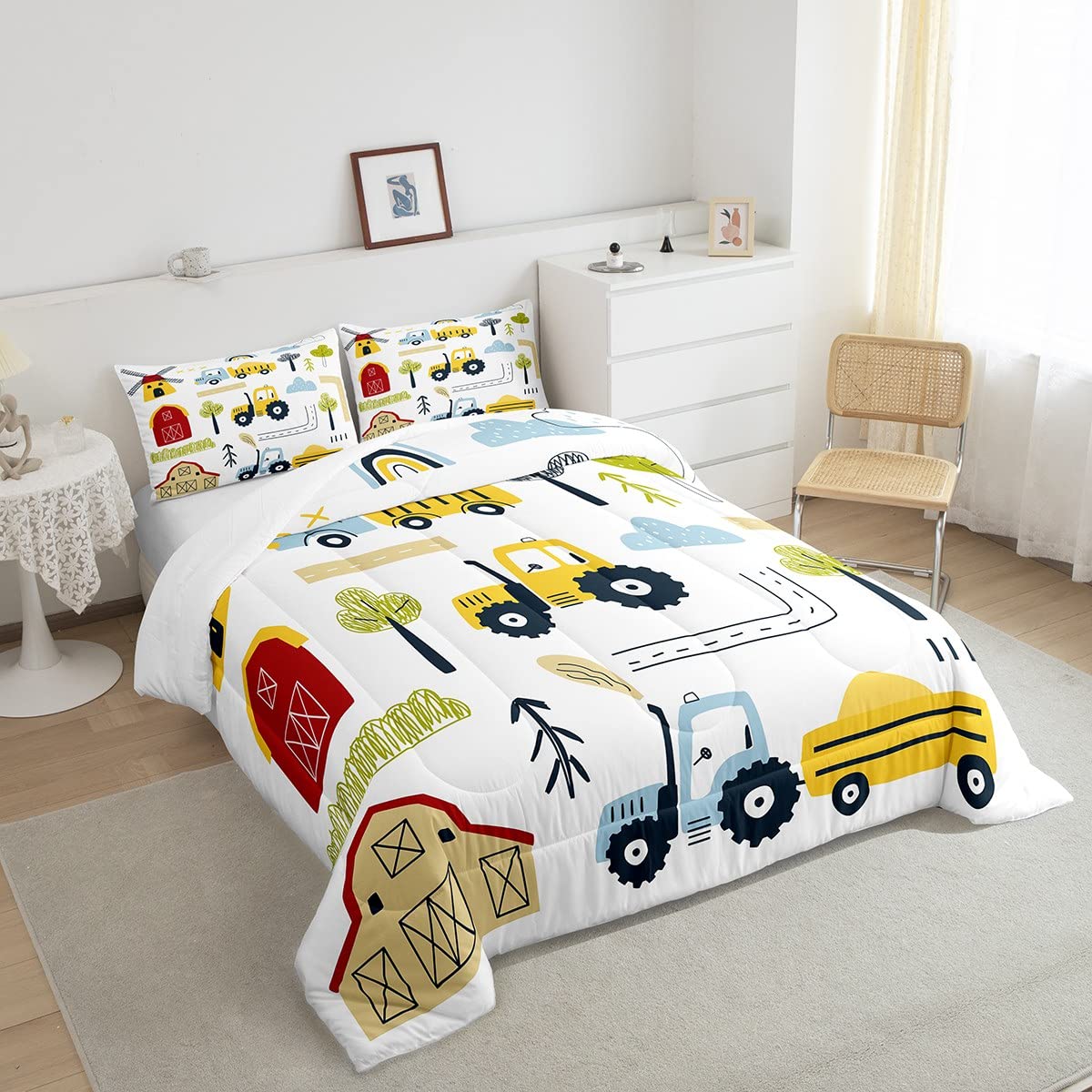 Tractor Comforter Set Cartoon Farm Tractor Down Duvet for Kids Boys Girls Truck Car Bedding Set Harvester Farmhouse Carton Comforter 1 Comforter Set with 2 Pillowcases Full Size