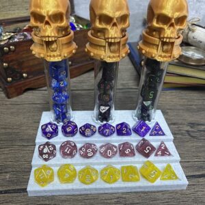 MunnyGrubbers - Dice Display Rack Shelf - Dice Jail - Dice Holder - (3 x Random 7PCS D20 Dice Set Included) - Display Up to 3 Sets of Dice and Vials - Dungeons and Dragons - DND - D&D - (Silver)