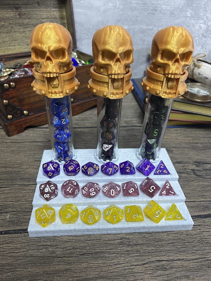 MunnyGrubbers - Dice Display Rack Shelf - Dice Jail - Dice Holder - (3 x Random 7PCS D20 Dice Set Included) - Display Up to 3 Sets of Dice and Vials - Dungeons and Dragons - DND - D&D - (Silver)