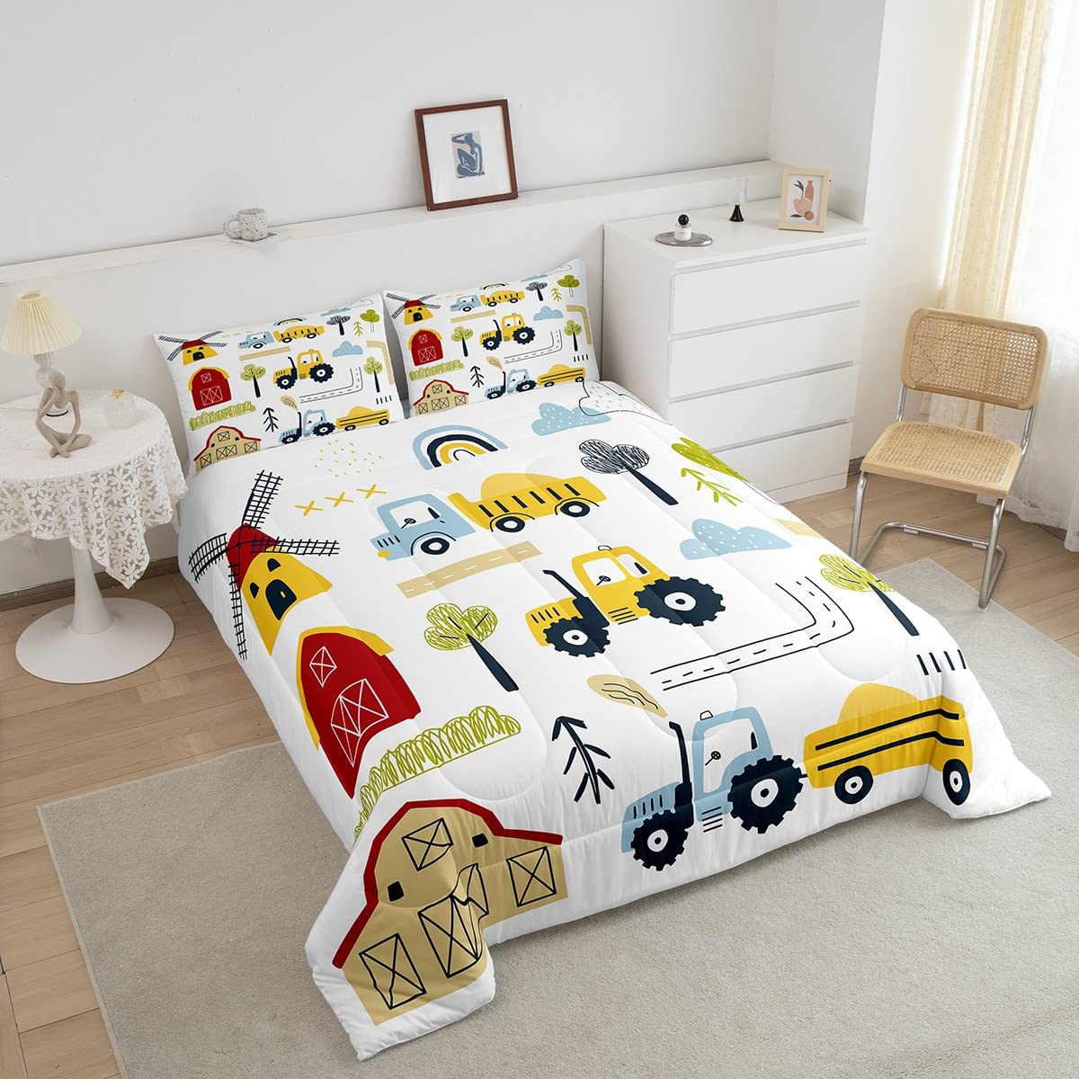 Tractor Comforter Set Cartoon Farm Tractor Down Duvet for Kids Boys Girls Truck Car Bedding Set Harvester Farmhouse Carton Comforter 1 Comforter Set with 2 Pillowcases Full Size