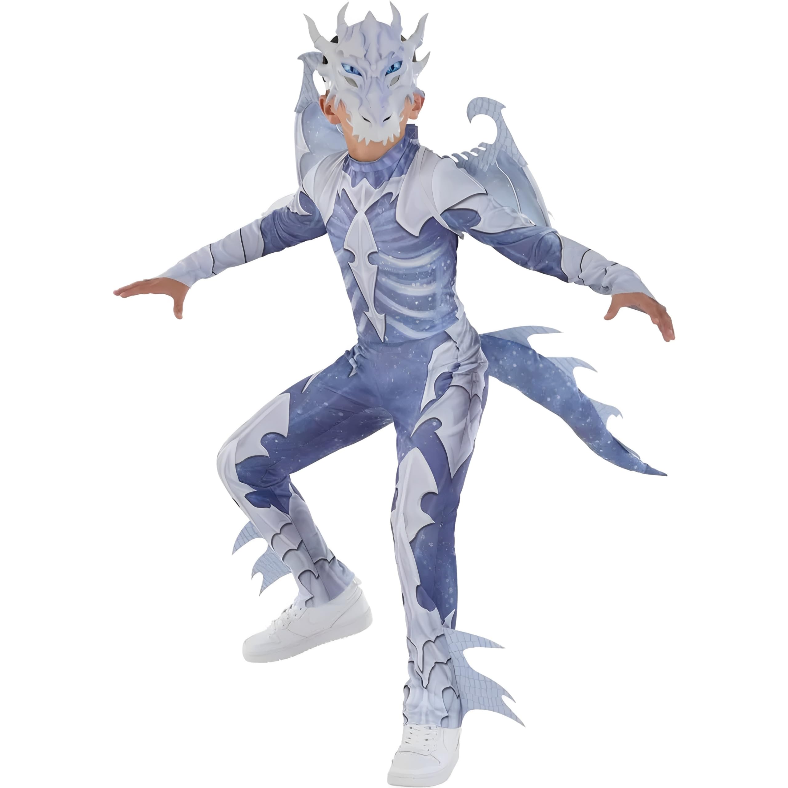 Purple and White Ghostly Dragon Jumpsuit Costume Set -X-Large (14-16) - Includes Mask & Wings, Ideal for Halloween and Costume Parties