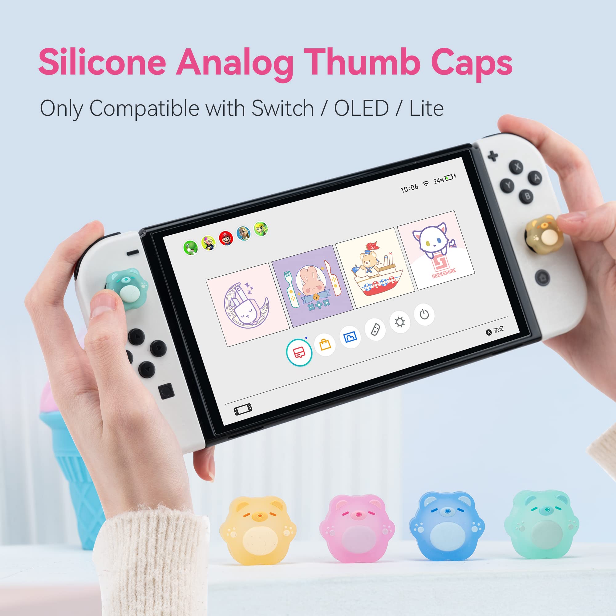 GeekShare Silicone Joycon Thumb Grip Caps, Joystick Cover Caps Compatible with Nintendo Switch/OLED/Switch Lite,4PCS - Jelly Bear