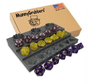 munnygrubbers - dice display rack shelf - dice jail - dice holder - (3 x random 7pcs d20 dice set included) - display up to 3 sets of dice and vials - dungeons and dragons - dnd - d&d - (silver)