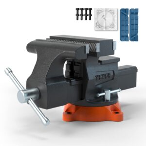 vevor bench vise, 6.5" jaw width 6.5" forward &9.3" reverse opening, 360-degree swivel locking base multipurpose workbench w/anvil, heavy duty ductile iron w/bolts & nuts, for drilling, pipe cutting