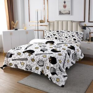 Homewish Leopard Print Bedspread Boys Kids Baseball Bedding Set King Size Cartoon Baseball Hat Bat Comforter Set Men Teens Ball Sports Gaming Quilt Set Modern Black Grey Gold 3pcs,2 Pillowcases