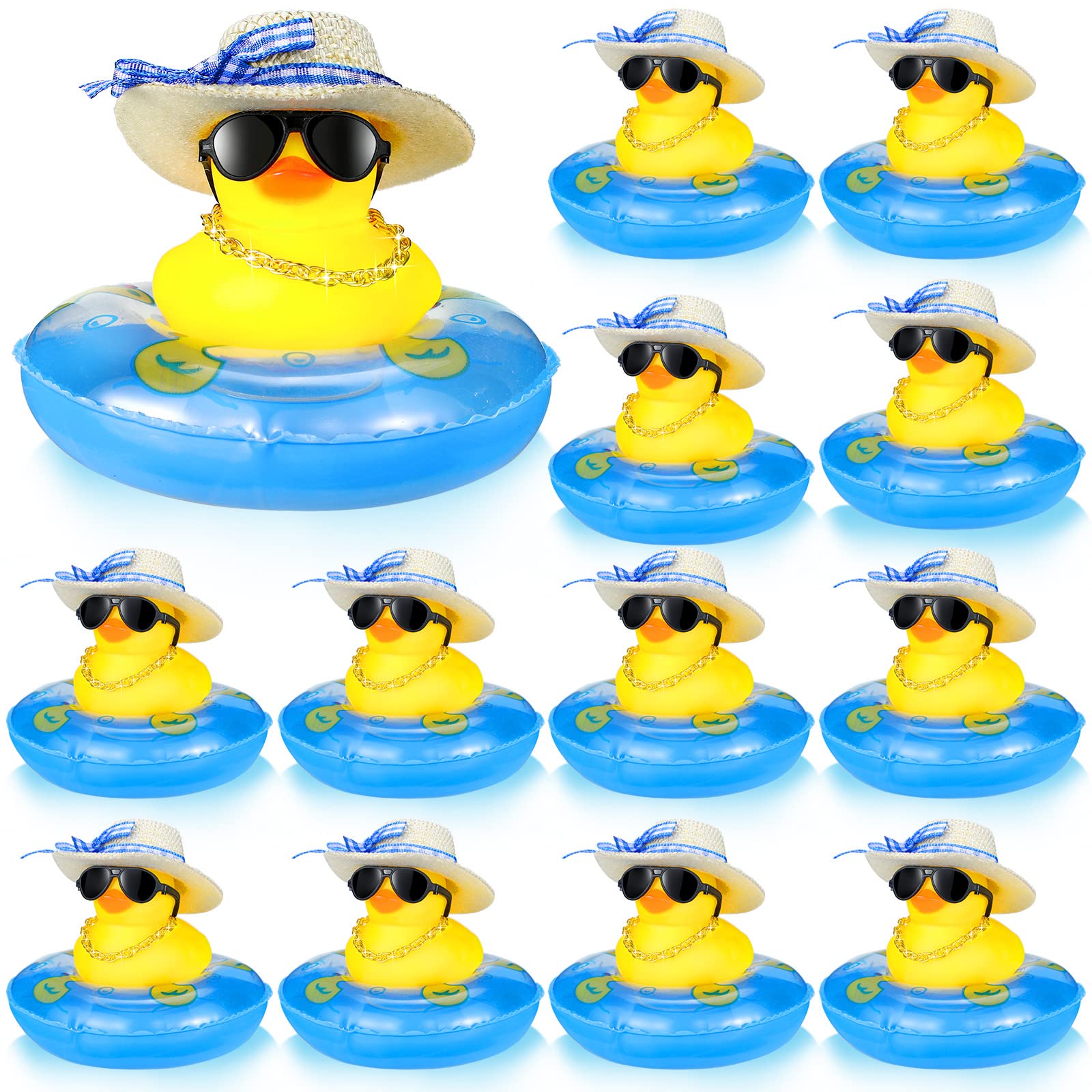 Summer Rubber Duck Mini Yellow Duck Bath Toys Duckies Car Dashboard Decorations with Mini Sun Hat Swim Ring Necklace and Sunglasses for Bathtub Shower Birthday Swimming (24 Set)