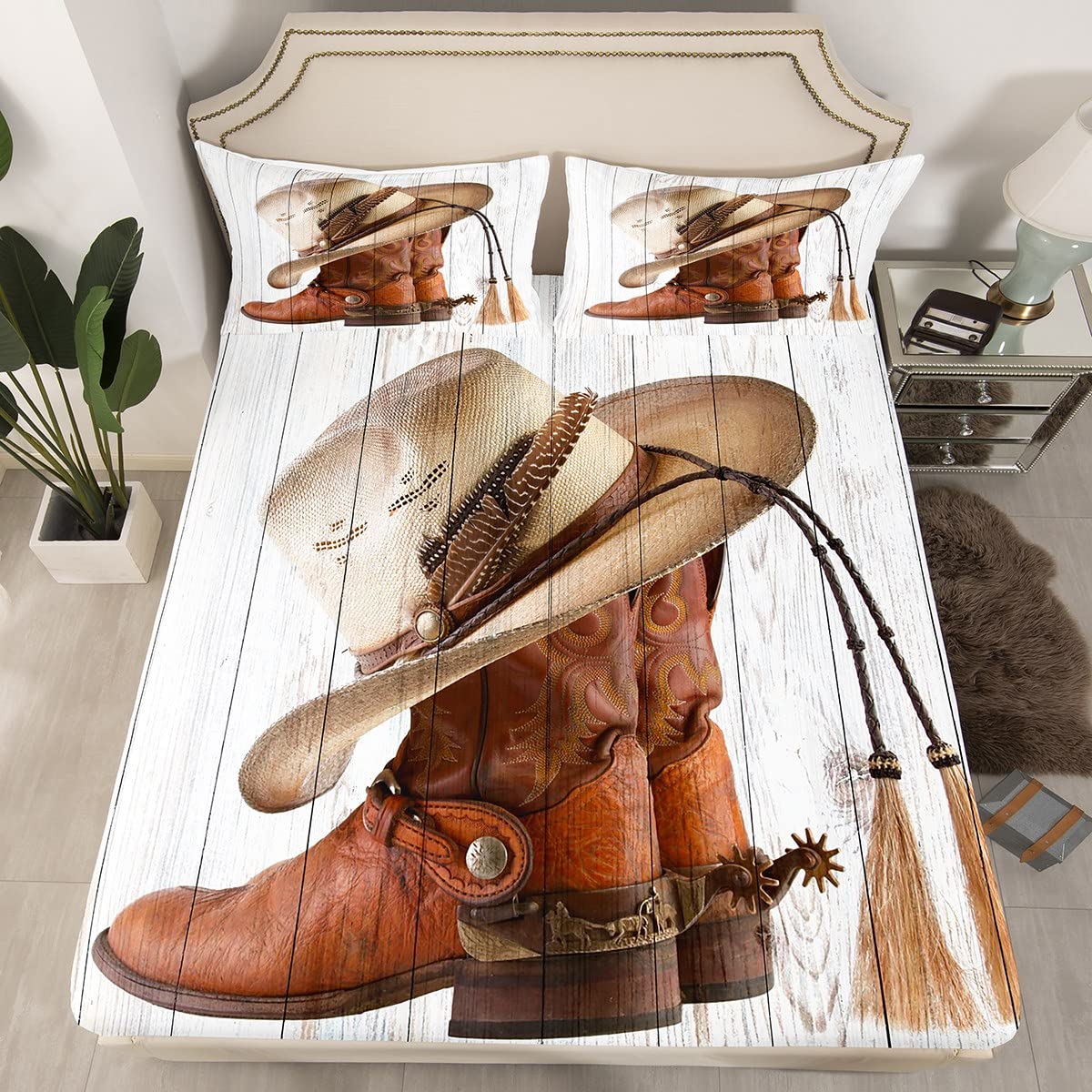 70s Cowboy Boots Bed Sheet Lodge Cabin Abstarct Cowboy Hat Decor Sheets Set for Teens Adults Wooden Stripes Western Cowboy Style Bedding Set with Flat,Fitted Sheet,2 Pillowcases Queen Size 4 Pcs