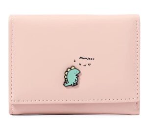 yajama cute dinosaur monster women wallet pu leather small trifold cerdit card case holder organizer for teen girls with id window (pink)