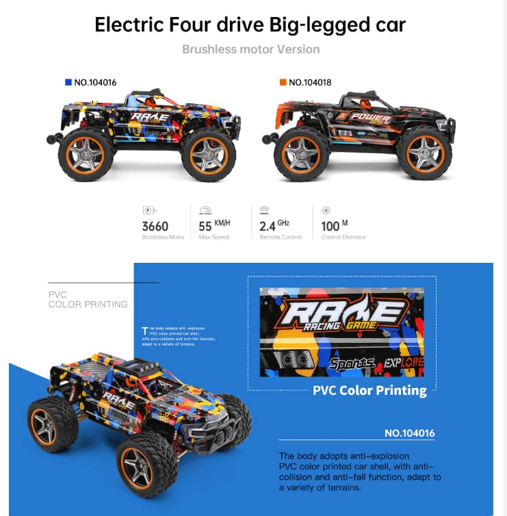 WLtoys 104018 1:10 2.4G Racing Remote Control Car 55KM/H 4WD Large Alloy Electric Remote Control Crawler Children's Toy (104018 1 * 2200mAh)