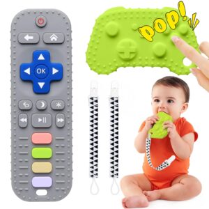 baby teether toys, 2 pack teething toys for babies, tv game remote control shape silicone sensory teethers, infant chew toys for baby shower easter basket stuffers, bpa free