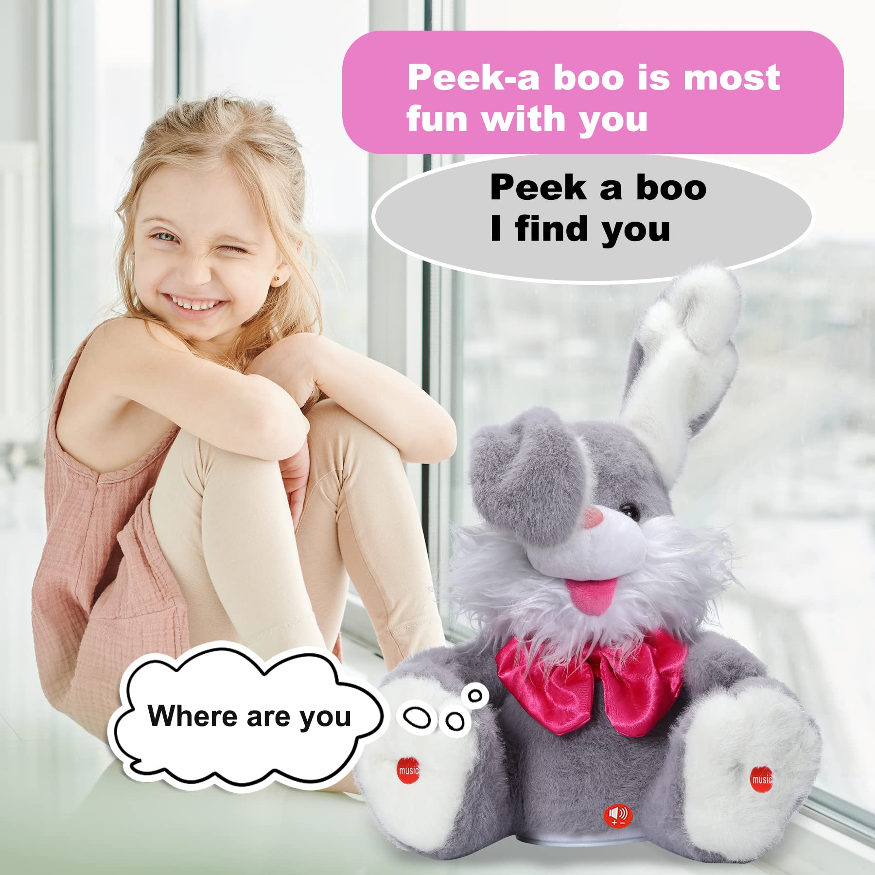 MIAODAM Peek-A-Boo Bunny Toy for Toddlers 1-3, Talking Stuffed Animal Repeats Your Words, Sings Children Songs & Lullabies, Interactive Plush with Floppy Ears (Grey)