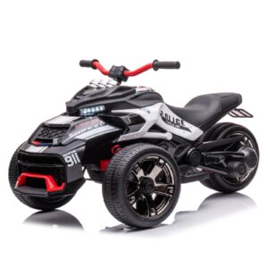 postack 24v kids ride on police motorcycle, 3 wheeler ride on atv for boys girls, battery powered electric vehicle for toddlers with led lights, music, horn, black