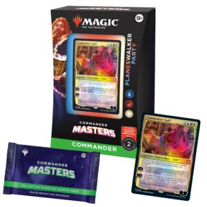 magic: the gathering commander masters commander deck - planeswalker party (100-card deck, 2-card collector booster sample pack + accessories)