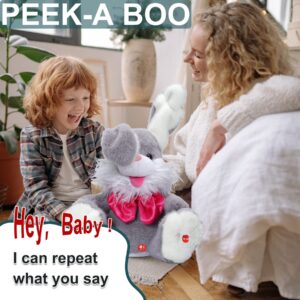 MIAODAM Peek-A-Boo Bunny Toy for Toddlers 1-3, Talking Stuffed Animal Repeats Your Words, Sings Children Songs & Lullabies, Interactive Plush with Floppy Ears (Grey)