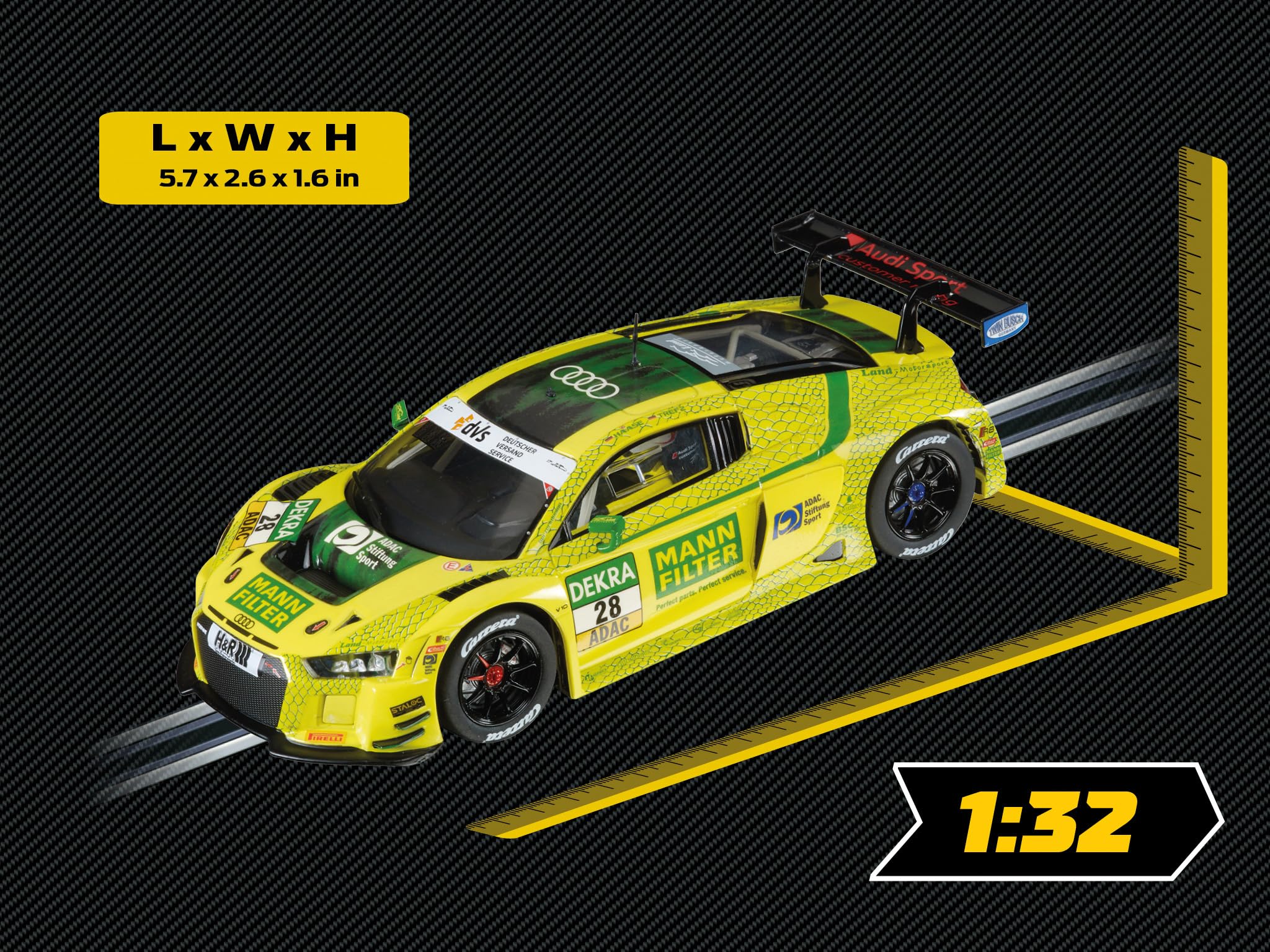 Carrera 27703 Audi R8 LMS GT3 Mann-Filter Land Motorsport No.28 1:32 Scale Analog Slot Car Racing Vehicle Evolution Slot Car Race Tracks