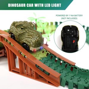 Jurassic Dinosaur Toys Race Car Track for Boys Age 4-7 Dinosaur World Road Race - Flexible Train Track Playset with 2 Cars and 8 Dinos-Todder Kids Best Gifts Ideas 3 5 6 Years Old (220+pcs) DDAI