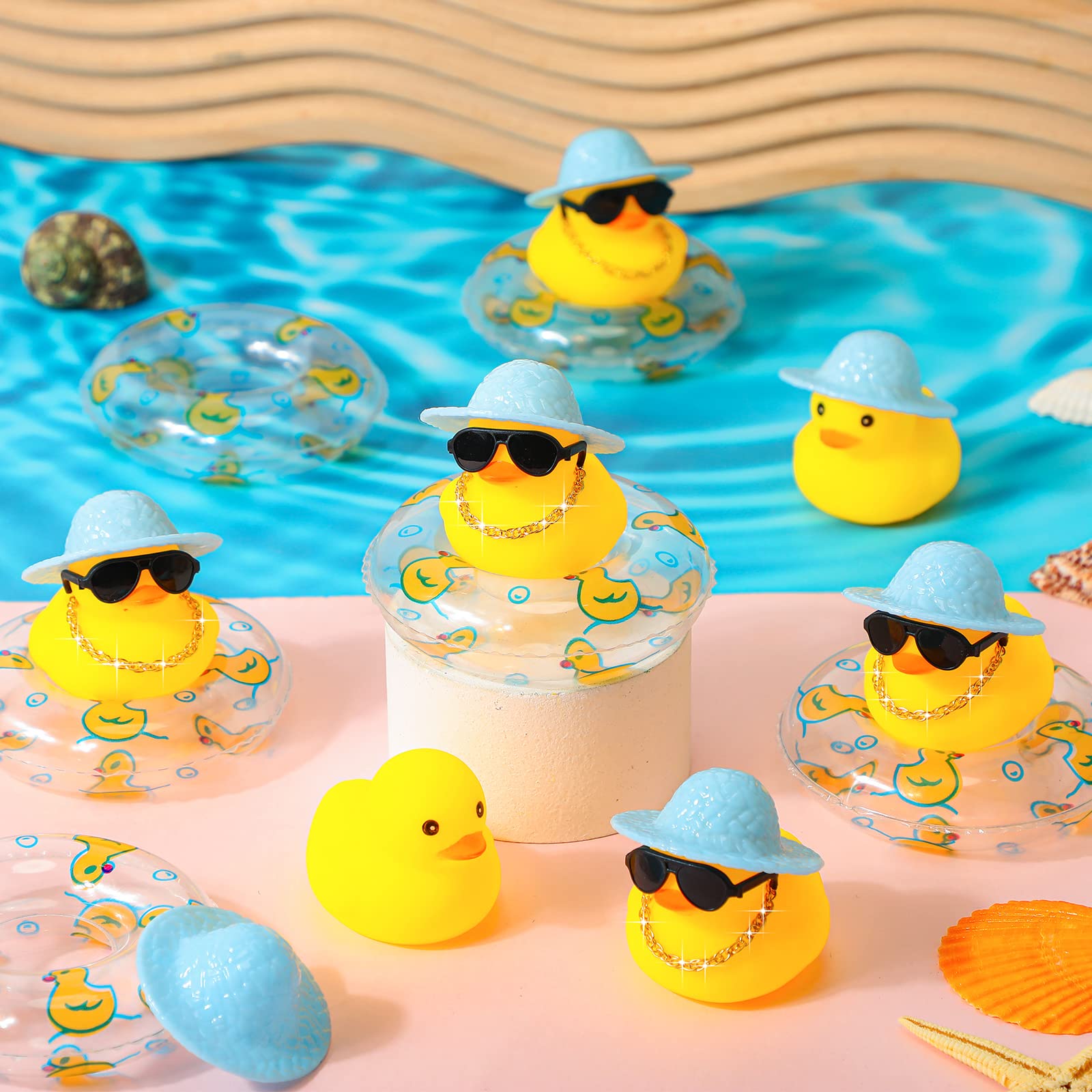 Sotiff Mini Rubber Ducks Bulk for Kids Children Cute Yellow Duck Toy for Dashboard of Car Bathtub Ornaments with Sunglasses Swim Ring Mini Hat Necklace and for Baby Shower(12 Sets,Cute)