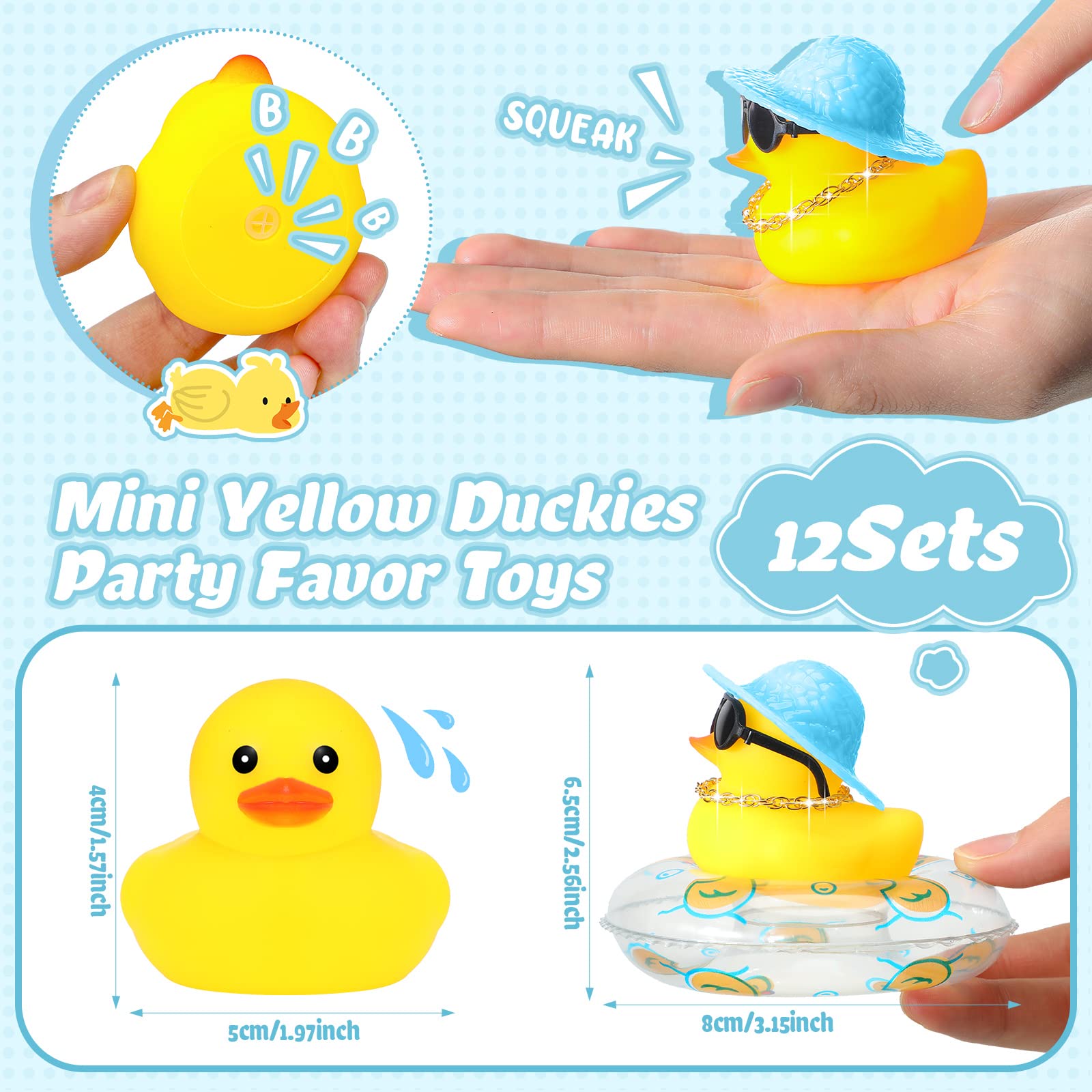 Sotiff Mini Rubber Ducks Bulk for Kids Children Cute Yellow Duck Toy for Dashboard of Car Bathtub Ornaments with Sunglasses Swim Ring Mini Hat Necklace and for Baby Shower(12 Sets,Cute)