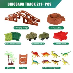 Jurassic Dinosaur Toys Race Car Track for Boys Age 4-7 Dinosaur World Road Race - Flexible Train Track Playset with 2 Cars and 8 Dinos-Todder Kids Best Gifts Ideas 3 5 6 Years Old (220+pcs) DDAI