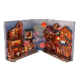 3d wooden book stand, puzzle diy book nook kit with led light, decoration bookend shelf insert alley miniature dollhouse model building set craft for teens and adultsbirthday gifts home desk