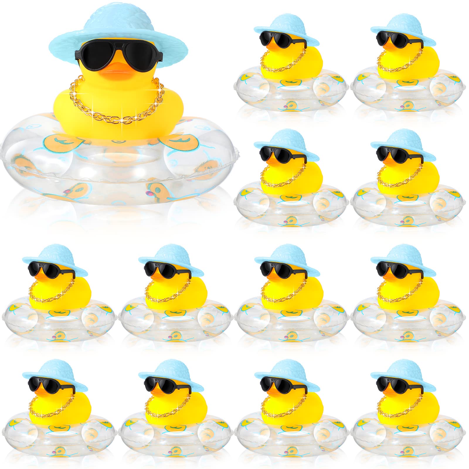 Sotiff Mini Rubber Ducks Bulk for Kids Children Cute Yellow Duck Toy for Dashboard of Car Bathtub Ornaments with Sunglasses Swim Ring Mini Hat Necklace and for Baby Shower(12 Sets,Cute)