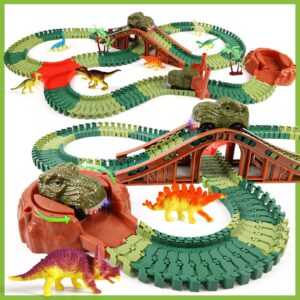 jurassic dinosaur toys race car track for boys age 4-7 dinosaur world road race - flexible train track playset with 2 cars and 8 dinos-todder kids best gifts ideas 3 5 6 years old (220+pcs) ddai