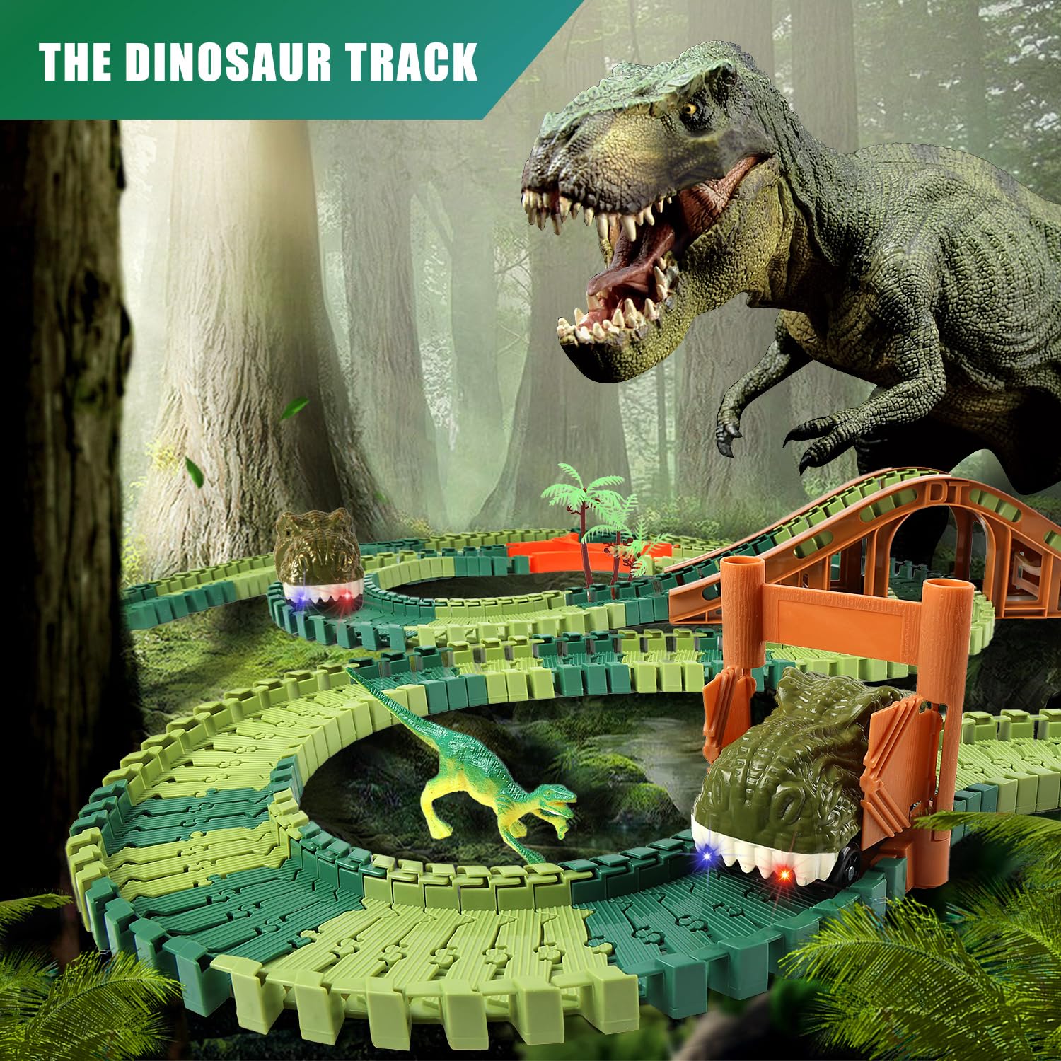 Jurassic Dinosaur Toys Race Car Track for Boys Age 4-7 Dinosaur World Road Race - Flexible Train Track Playset with 2 Cars and 8 Dinos-Todder Kids Best Gifts Ideas 3 5 6 Years Old (220+pcs) DDAI