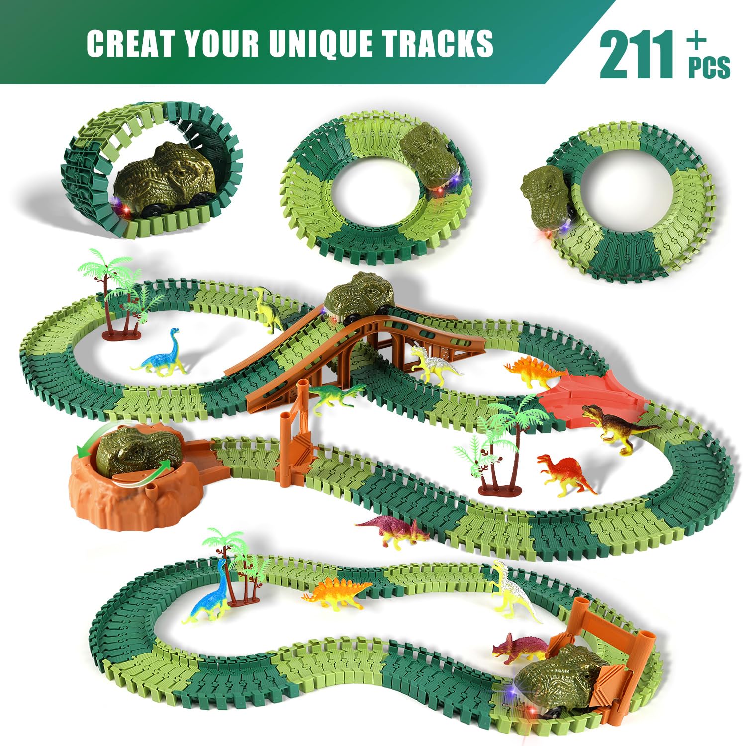 Jurassic Dinosaur Toys Race Car Track for Boys Age 4-7 Dinosaur World Road Race - Flexible Train Track Playset with 2 Cars and 8 Dinos-Todder Kids Best Gifts Ideas 3 5 6 Years Old (220+pcs) DDAI