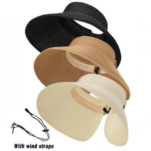 Women Sun Visor Fordable Wide Brim Summer Straw Hat Roll up Adjustable Beach Hat with Bowtie