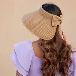 Women Sun Visor Fordable Wide Brim Summer Straw Hat Roll up Adjustable Beach Hat with Bowtie