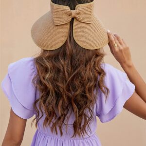 Women Sun Visor Fordable Wide Brim Summer Straw Hat Roll up Adjustable Beach Hat with Bowtie