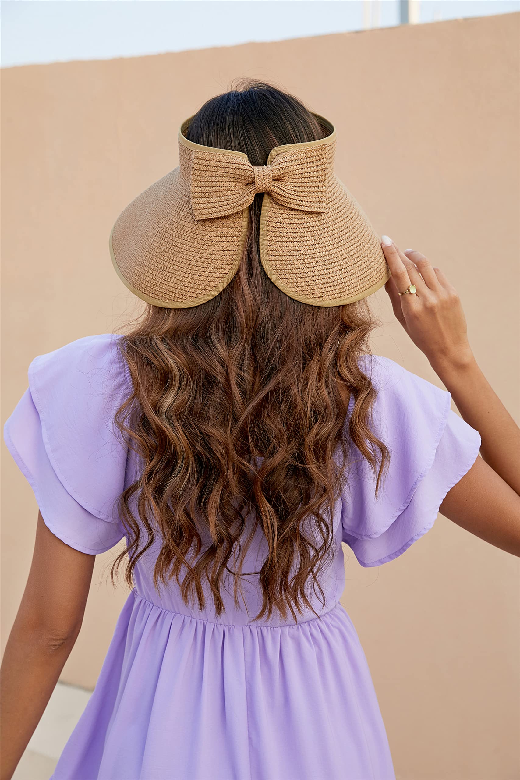 Women Sun Visor Fordable Wide Brim Summer Straw Hat Roll up Adjustable Beach Hat with Bowtie