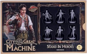 city of the great machine. stand-in heroes board game expansion |1-4 players | ages 14 and up | steampunk | one-vs-many | hidden movement | cooperative & solo | average playtime 60-90 min