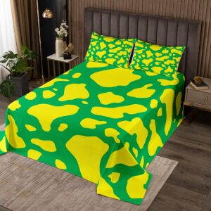 manfei kids yellow cow fur bedspread queen size, animal skin print coverlet set 3pcs for boys girls room decor, yellow and green quilted coverlet with 2 pillowcases, soft polyester bedding quilt