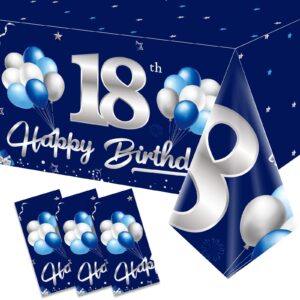 turypaty 3 pack blue silver 18th birthday tablecloth decorations for boy, navy blue happy 18 table cover party supplies, eighteen years old birthday disposable rectangular table cloths