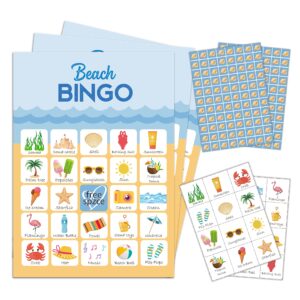 mermermu 5"x7" beach bingo game cards (24 kinds), birthday party summer game, outdoor indoor, hiking, trip activities, family vacation travel bingo, activity games -008beach