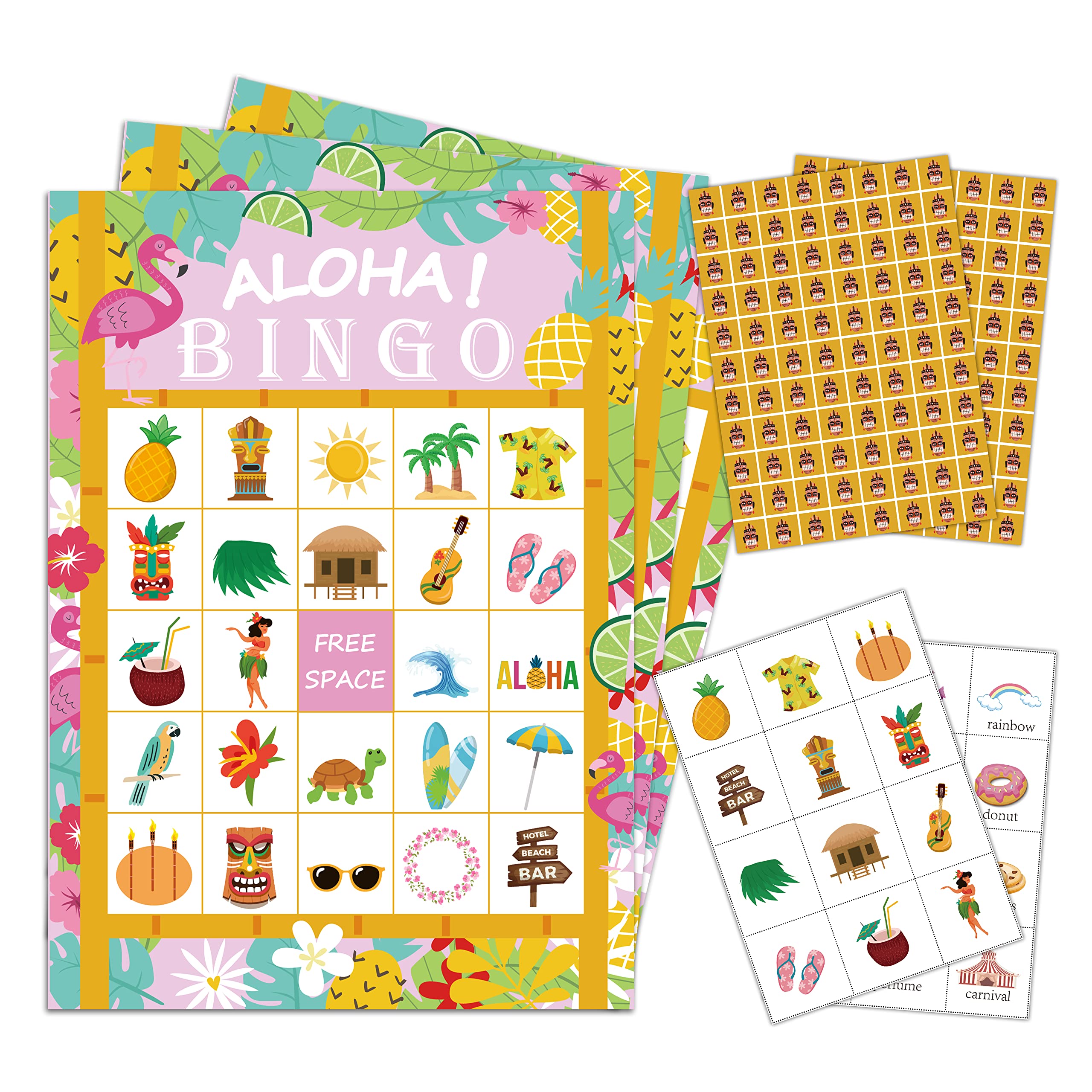 5"x7" Hawaiian Bingo Game Cards (24 Kinds), Luau Aloha Tropical Summer Party Game, Outdoor Indoor, Hiking, Trip Activities, Family Vacation Travel Bingo, Activity Games -010alohal