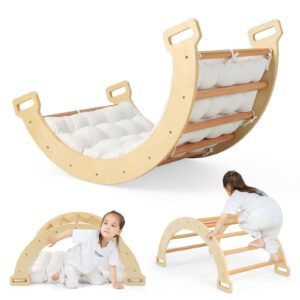 costzon wooden arch rocker with cushion, 3-in-1 montessori climbing toys for toddlers, children indoor outdoor playground climbing gym learning playset, arch climber ladder for kids gift presents